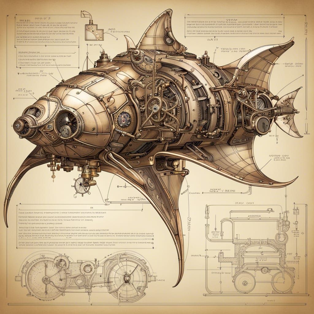 schematics of a small Steampunk submersible ship - AI Generated Artwork ...
