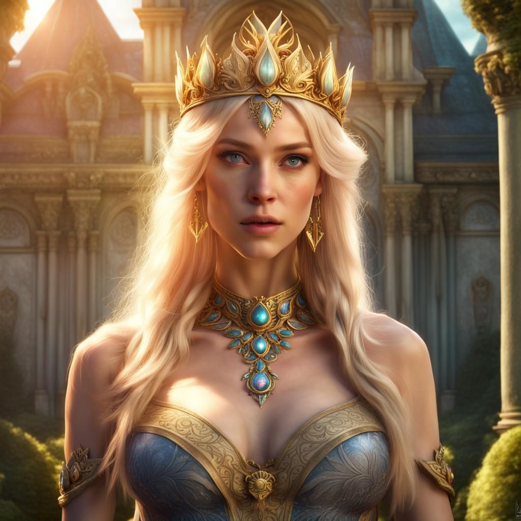 A beautiful young blonde haired, sun elf princess, 40 DD breast wearing and necklace and ...