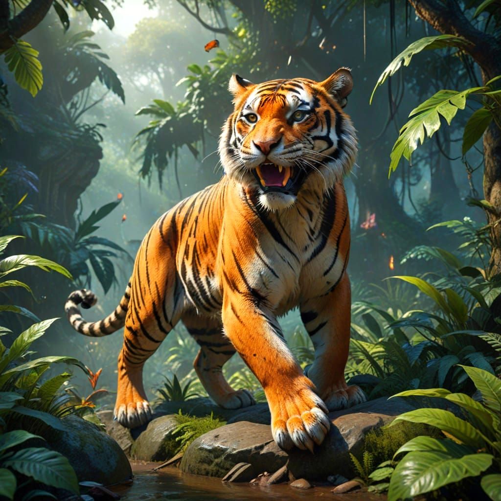 Fascinating view of a tigress getting ready to pounce, insanely detailed, octane rendering, work ...