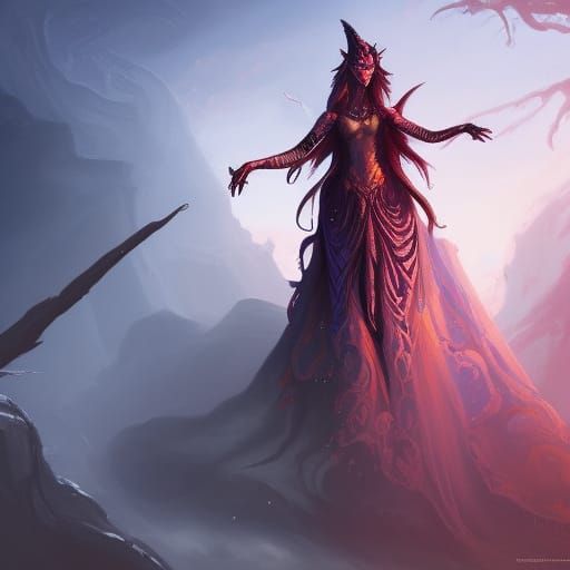 painting of an anthropomorphic viper dressed in a dark dress detailed ...