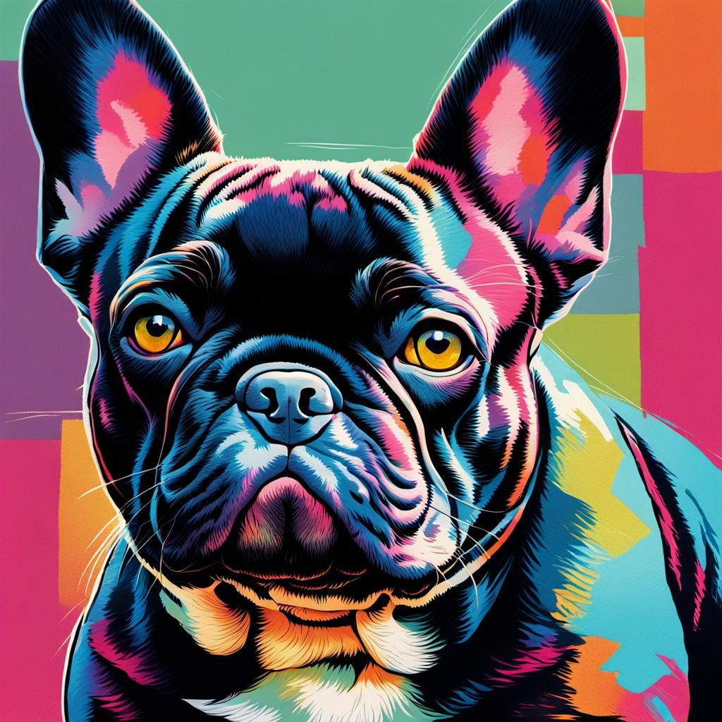 french bulldog, Harmonious, Colourful Black, Drypoint, close-up ...