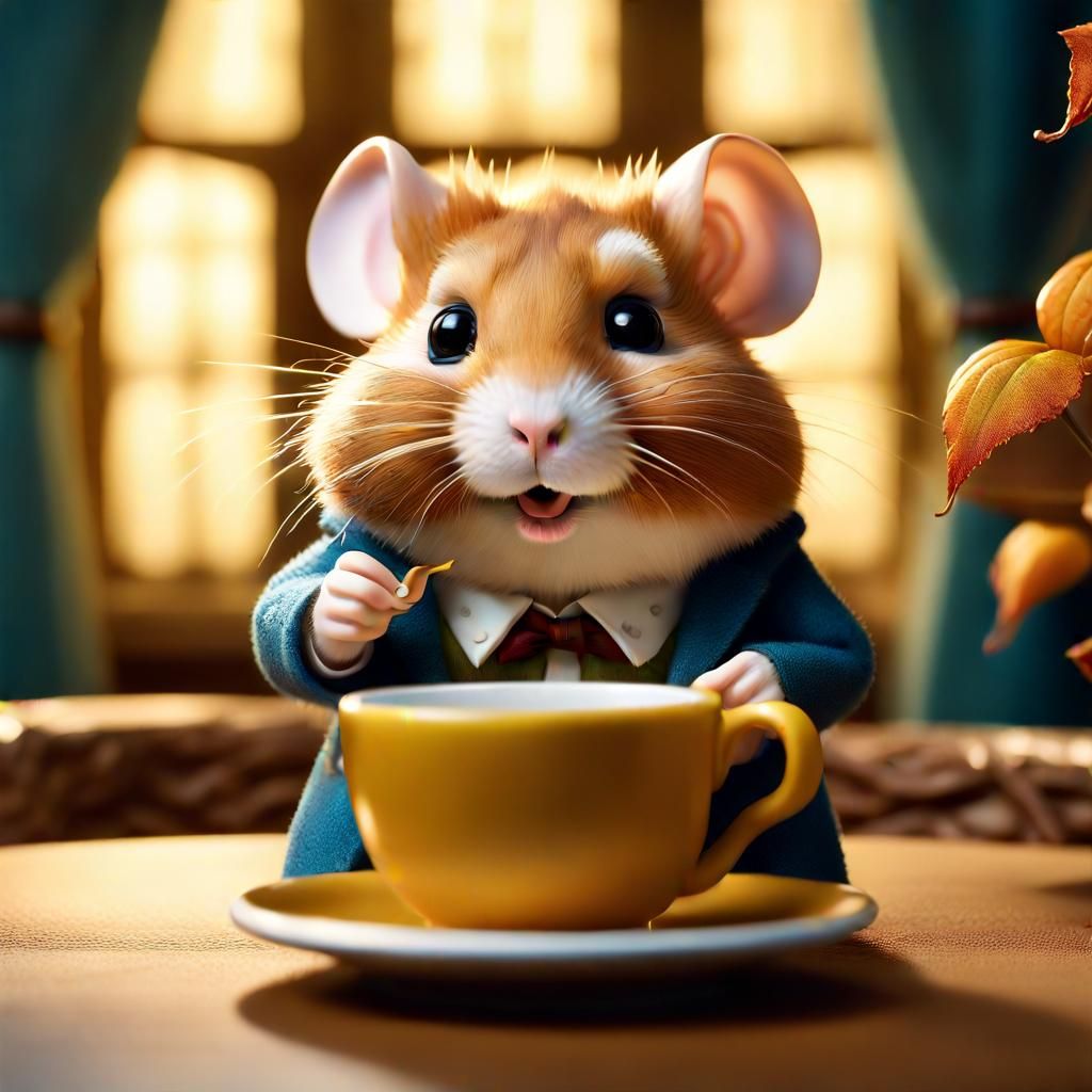 Ginger hamster drinking a cup of tea : r/nightcafe