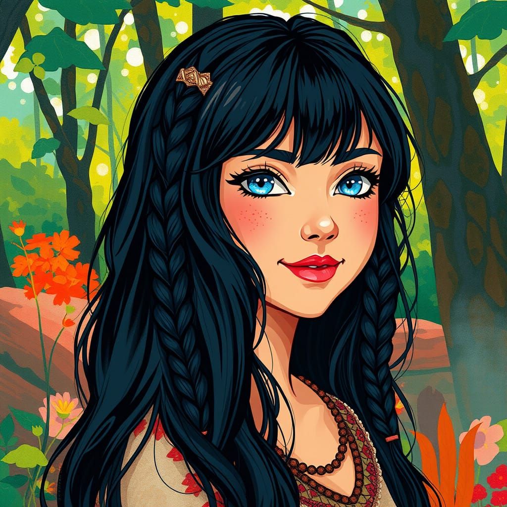 Raven - Whimsical Bohemian Woman in Vibrant Forest