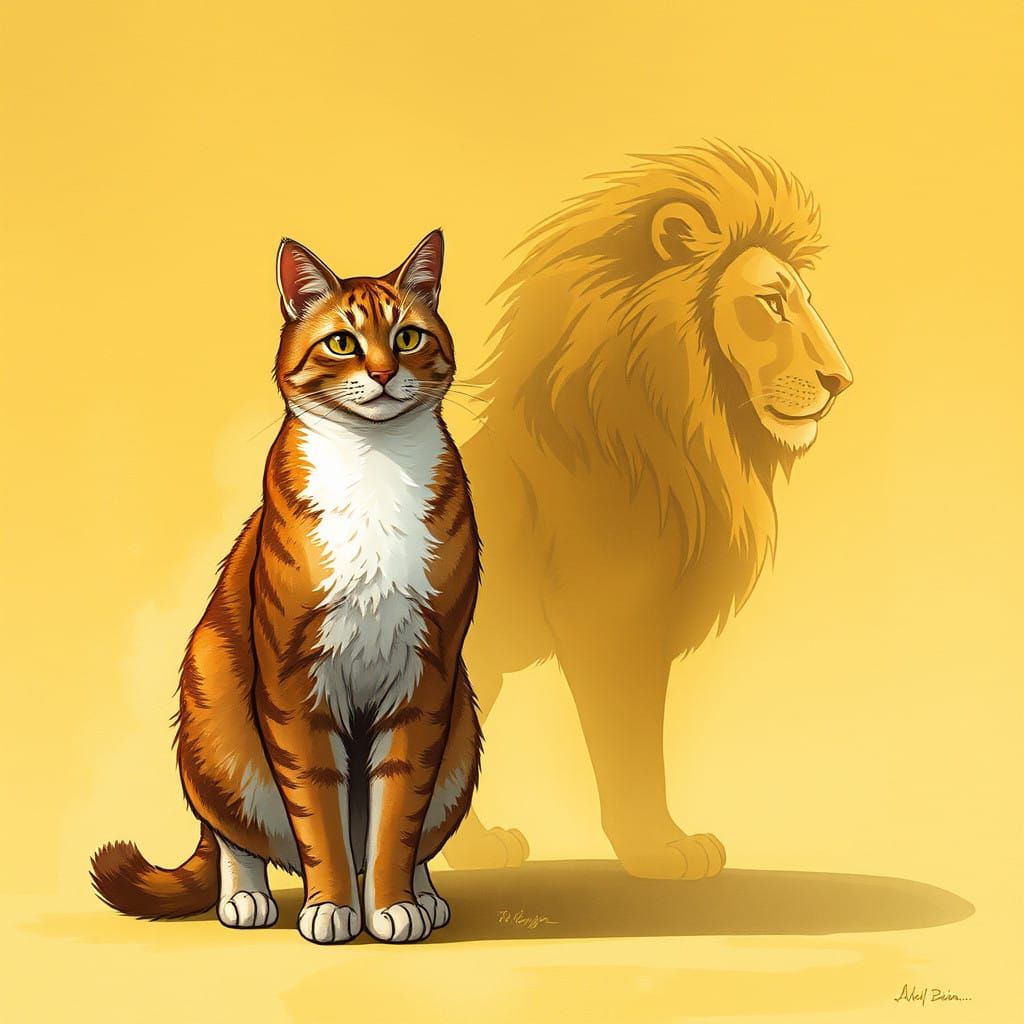 A cat’s shadow morphing into a lion, hinting at a hidden bravery.