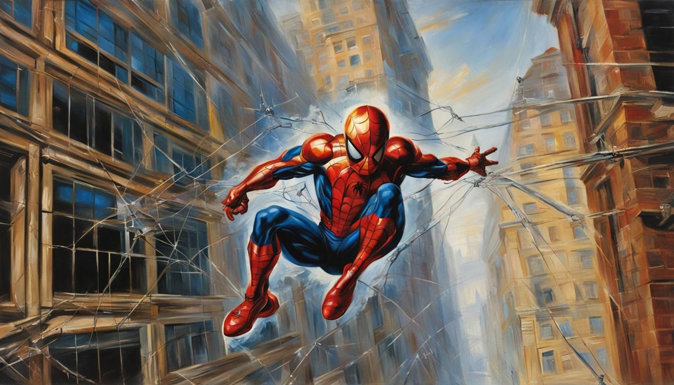 Cybernetic Spider-Man, swinging from building to building, art by Peter ...