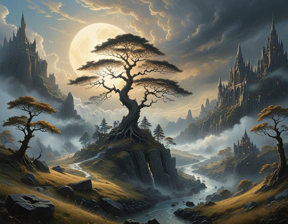 Ethereal Elven Castles in Misty Mountains - AI Art