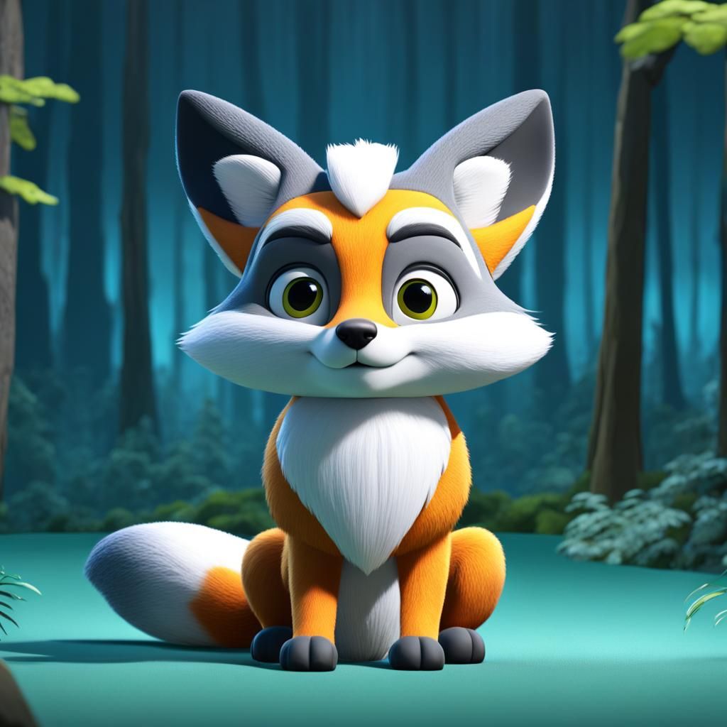 little grumpy white and grey fox takes a nap in a hammock. a lake and ...