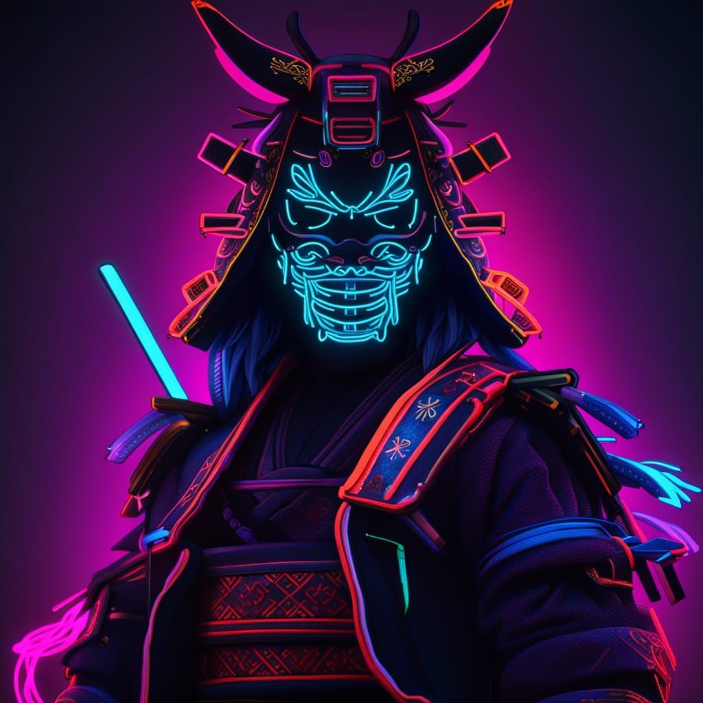 Samurai in neon hanya mask - AI Generated Artwork - NightCafe Creator