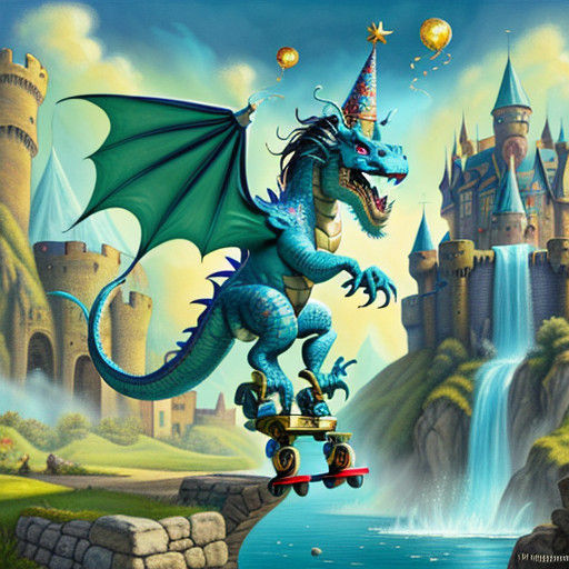 A fantasy illustration of a playful dragon in roller skates and a party ...