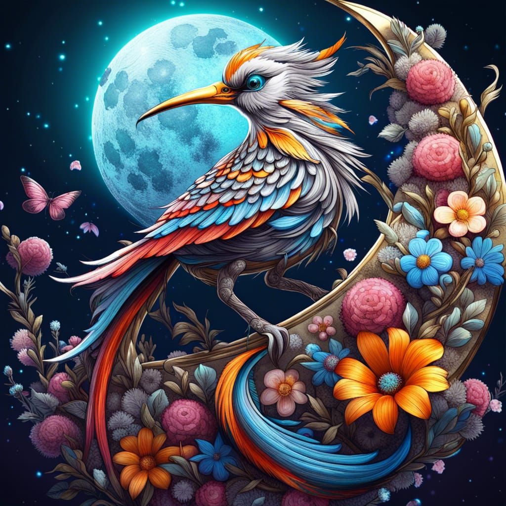 Amazing epic diamond bird with long flowing tail on crescent of flowers ...