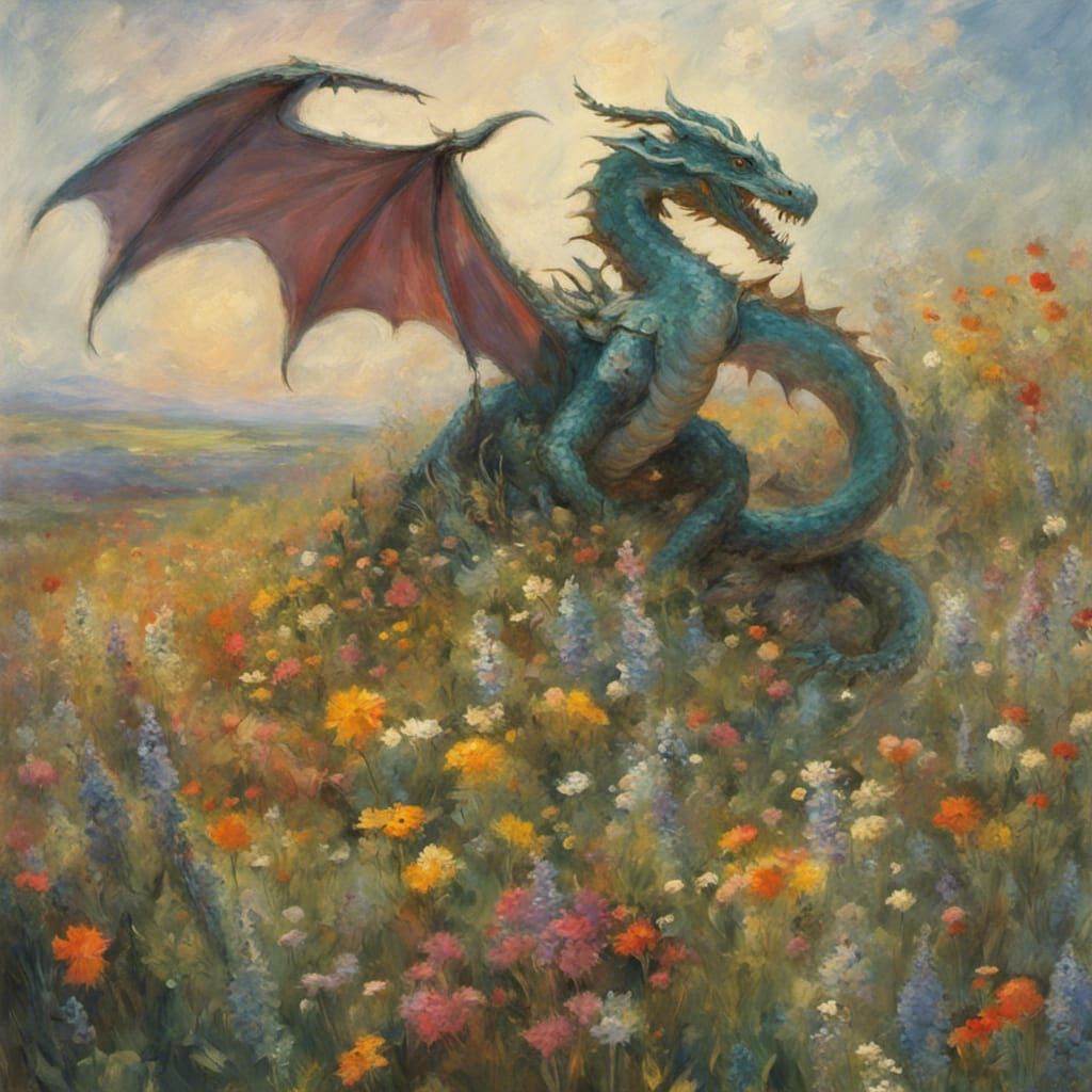Dragon eating a knight in a field of wildflowers by Monet and Degas ...
