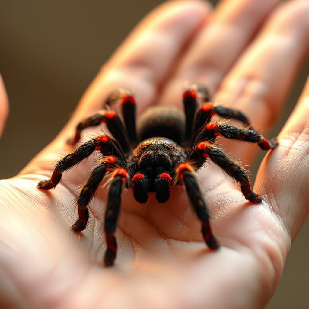 A Red Kneed Tarantula sitting in the palm of a hand