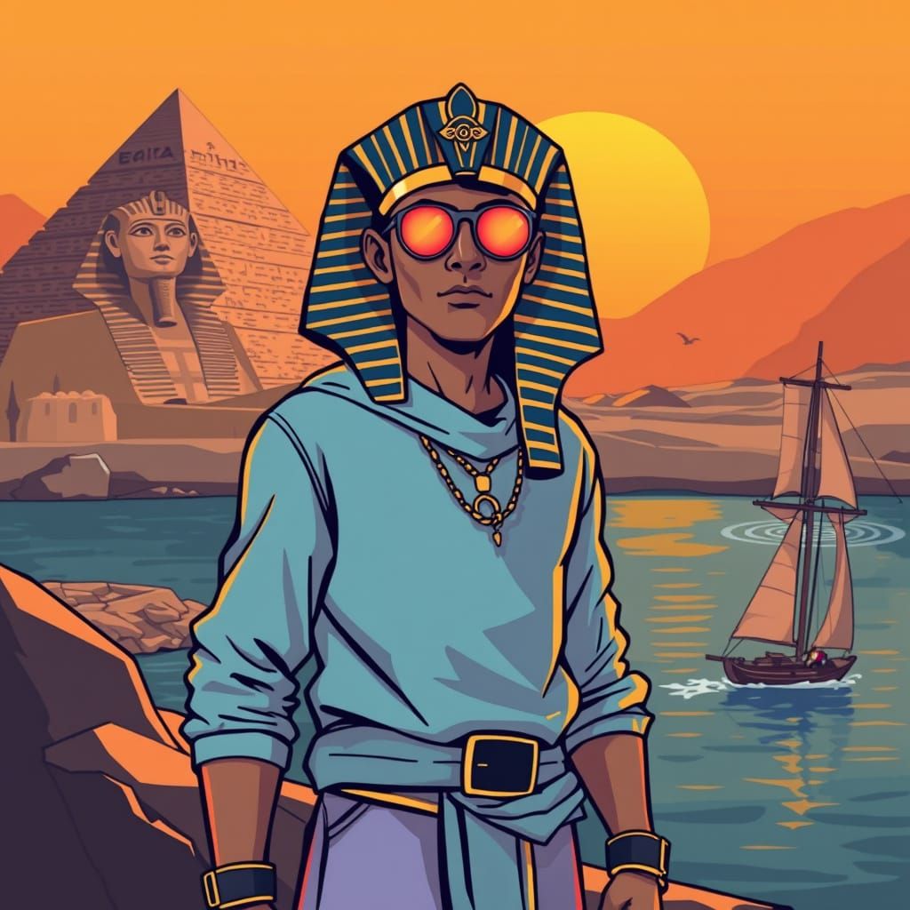 Egyptian Pharaoh in Streetwear, Pyramids of Giza S... - AI Art