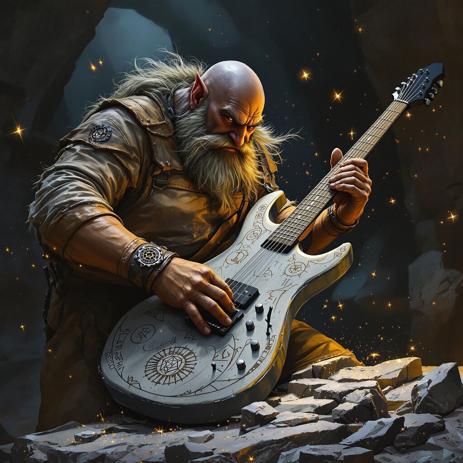 A sturdy, bearded dwarf in leather apron and gloves, chiseling and ...