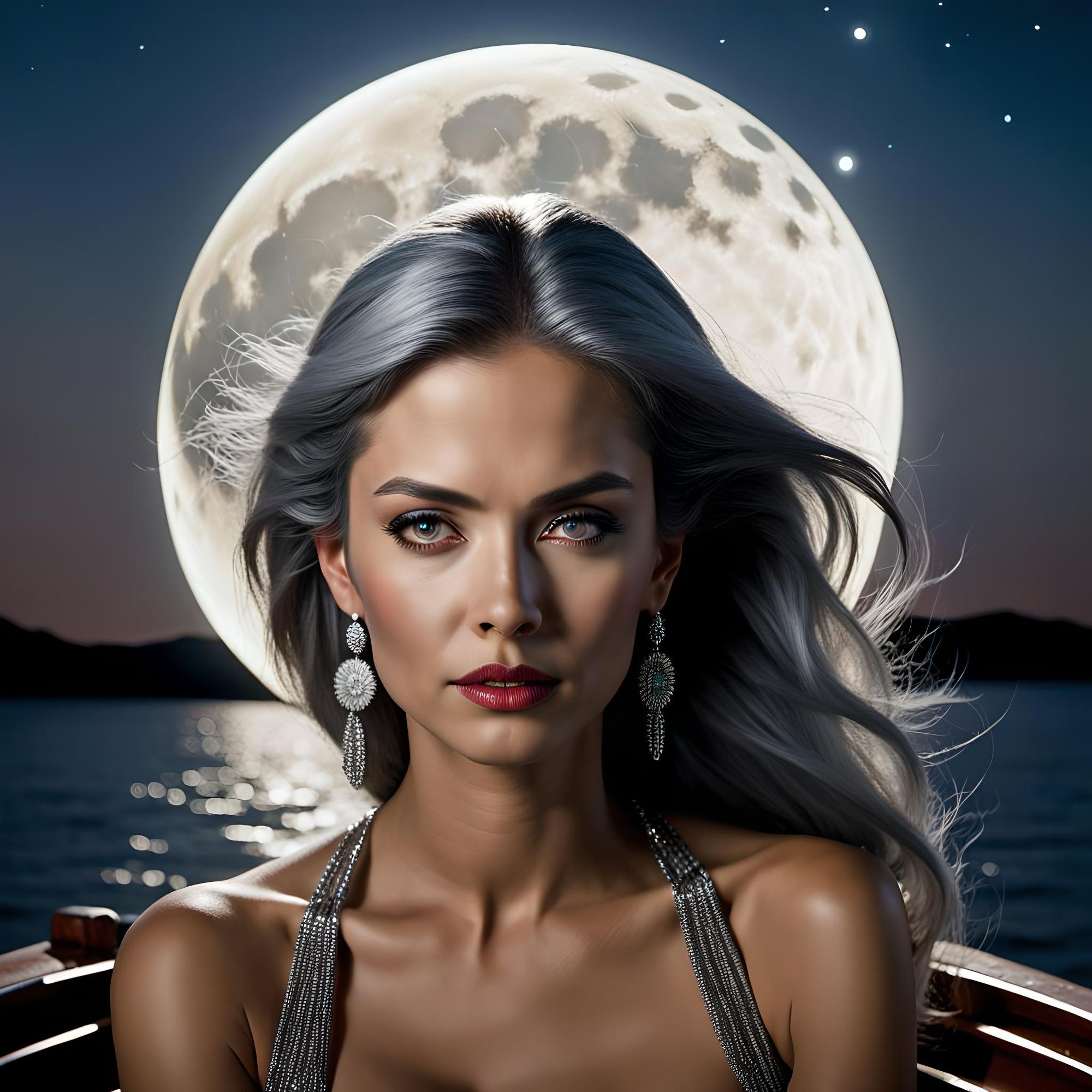 Beautiful woman with silver hair sitting in a boat, full moon Behind ...