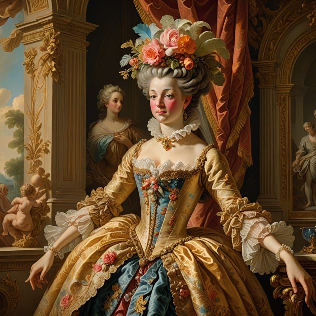 Rococo Woman in Lavish Ballroom Attire - AI Art