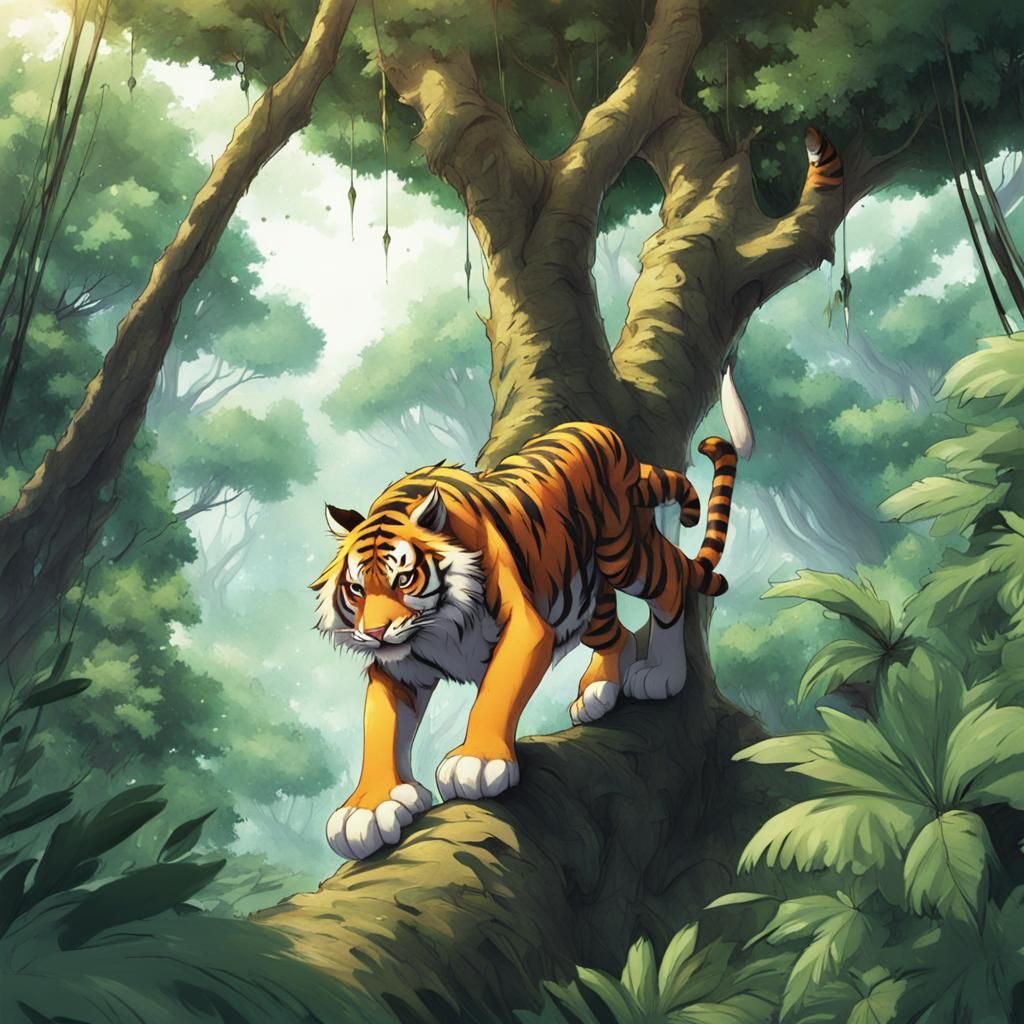 a tiger climbing a tree in the middle of a jungle - AI Generated ...