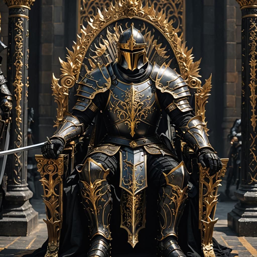 a legendary knight sitting in a throne made of blades wearing a black ...