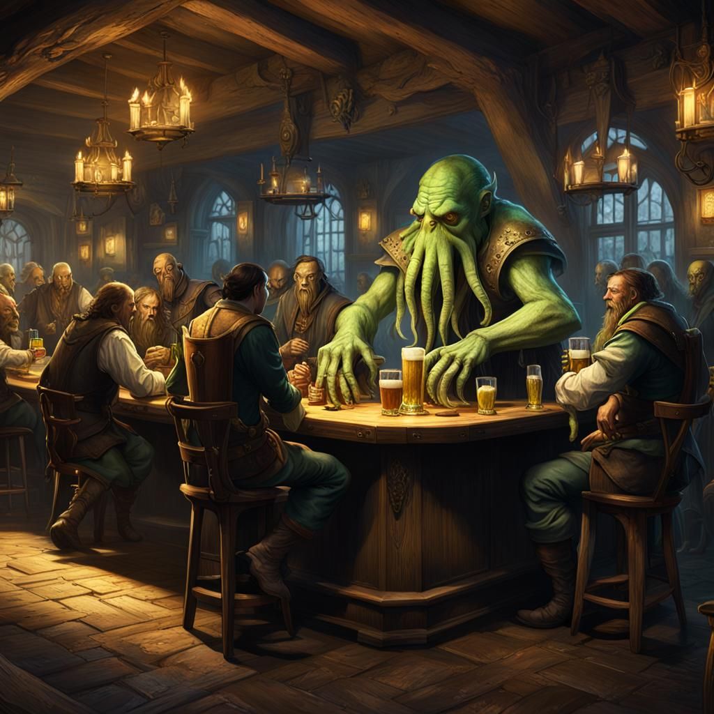 Cthulhu bartending in a medieval tavern with other cthulhu patrons ...