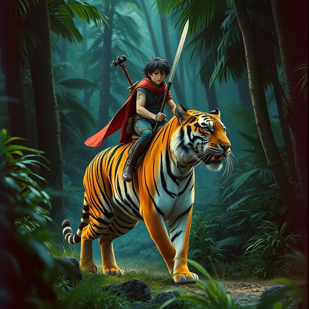 Anime Hero Rides Majestic Tiger Through Jungle Cin... - AI Art