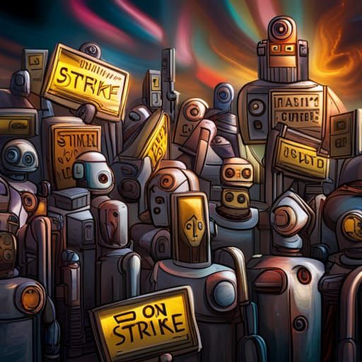 A crowd of robots holding various signs with the words "On Strike ...