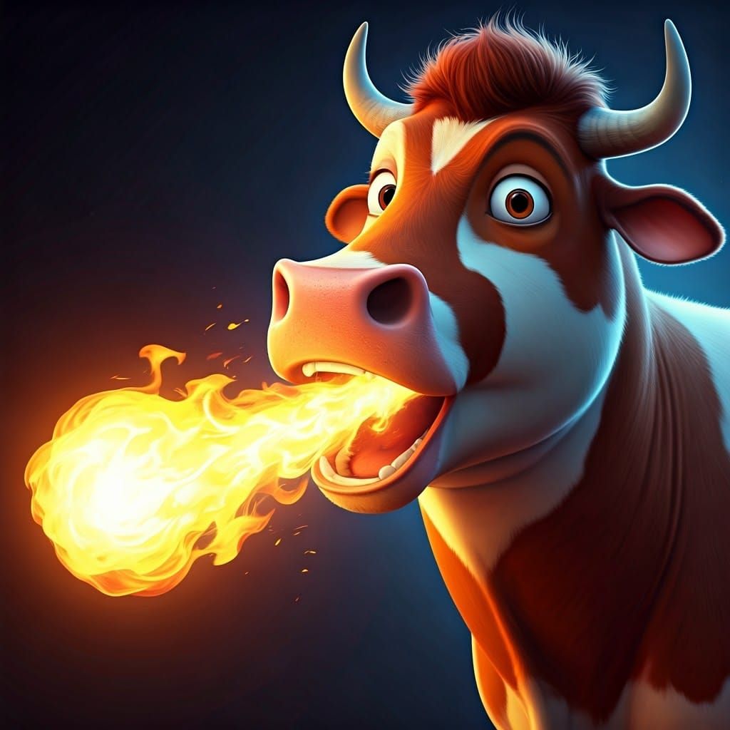 A cow breathing fire - Cow Ignites Fiery Aura in Vibrant Dig...