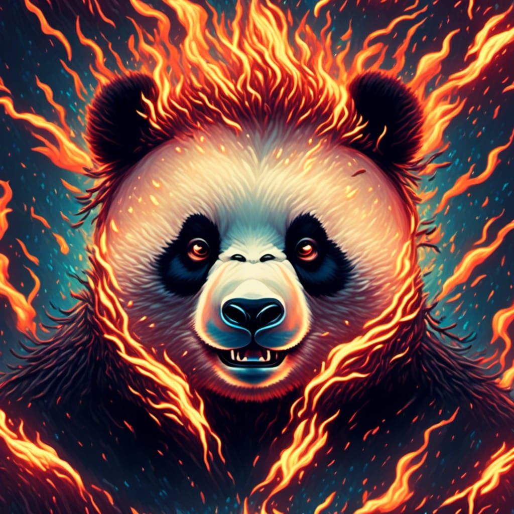A panda with flaming electricity blazing from its eyes, mean looking ...
