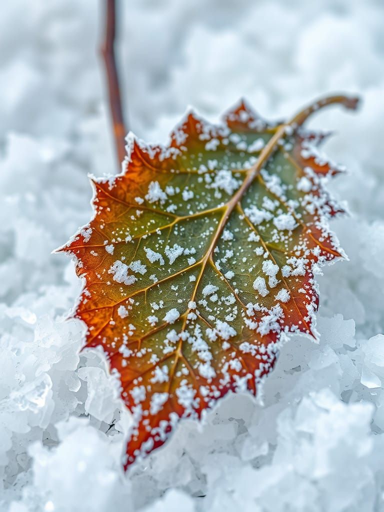 Macro photography of a leaf covered in ice and snow