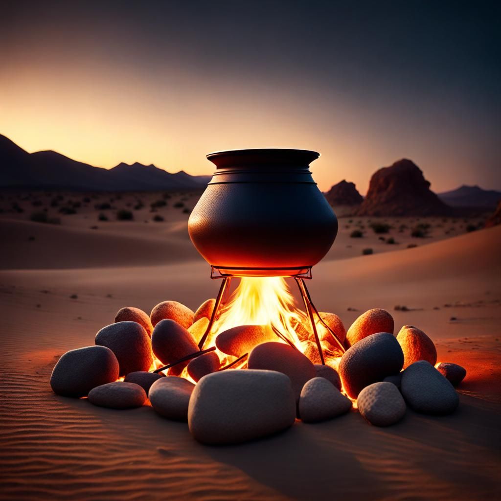 cooking stones with huge pot on fire in the middle of desert at night ...