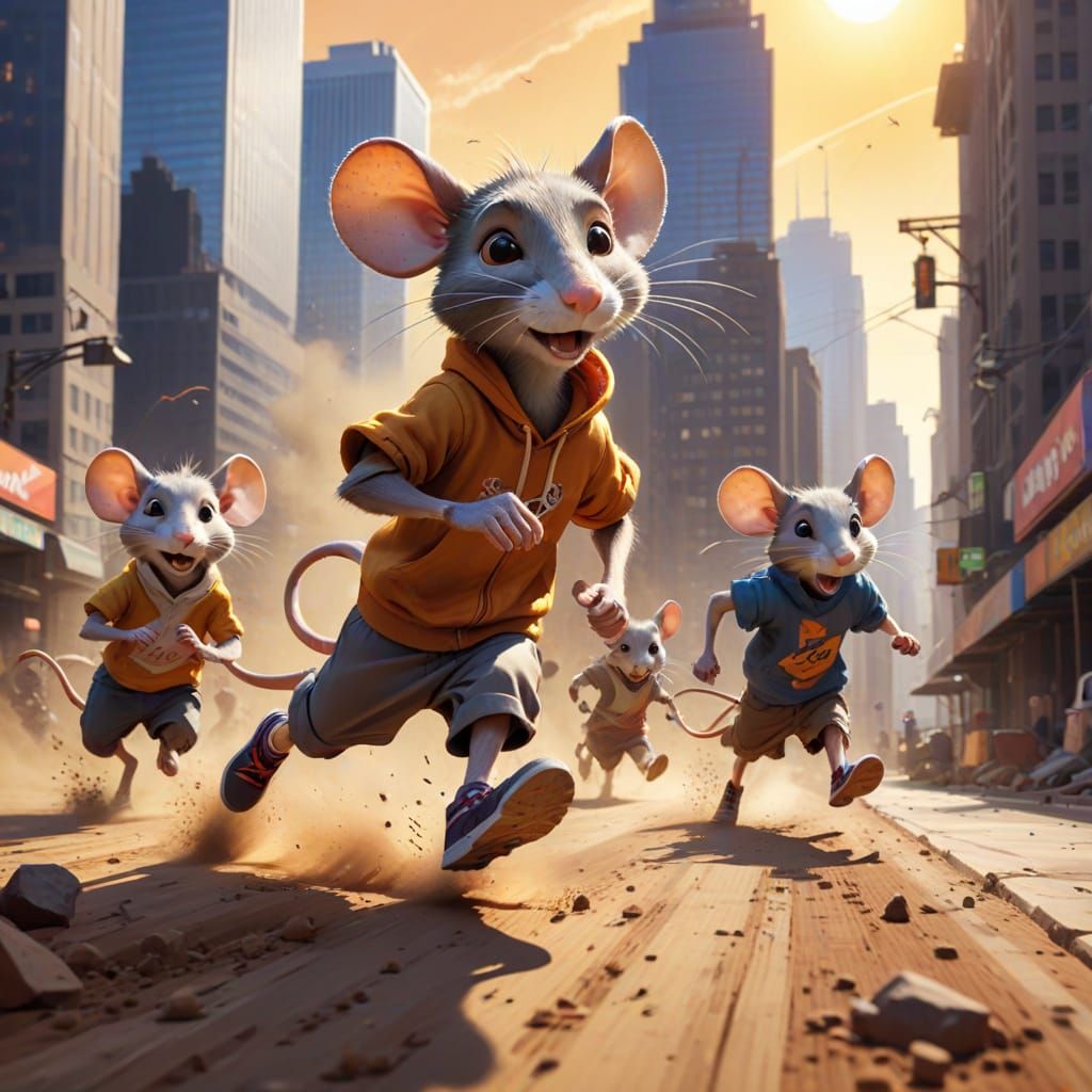 Vibrant Cartoon Rats Zoom Down a Sunny Dirt Road - AI Art
