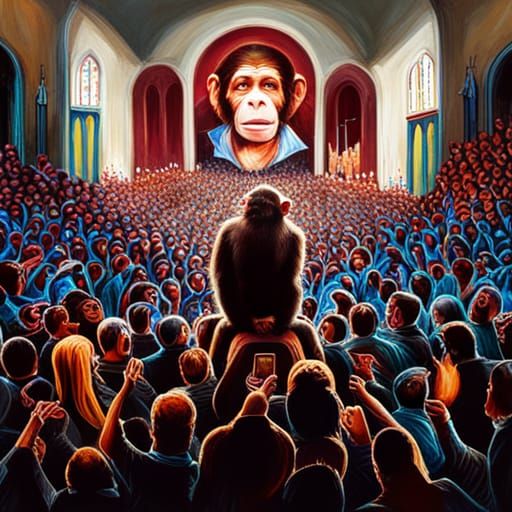 chimp preaching in a church filled with people - AI Generated Artwork ...