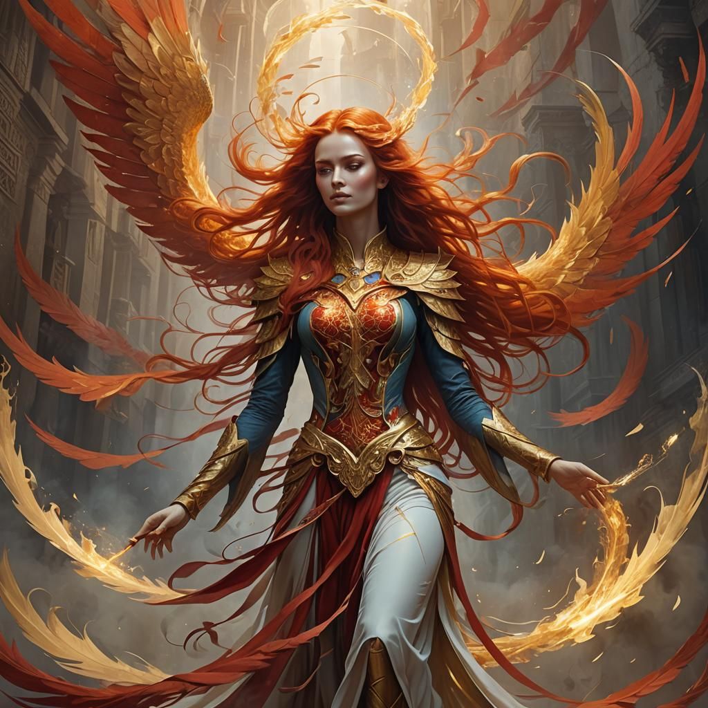 heavenly beautiful royal Phoenix woman with long red windblown hair and ...