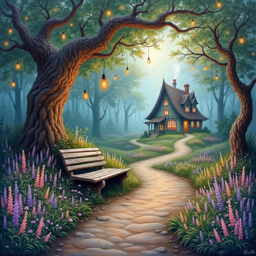 minimalistic whimsical forest dirt pathway illuminated by fairy lights ...