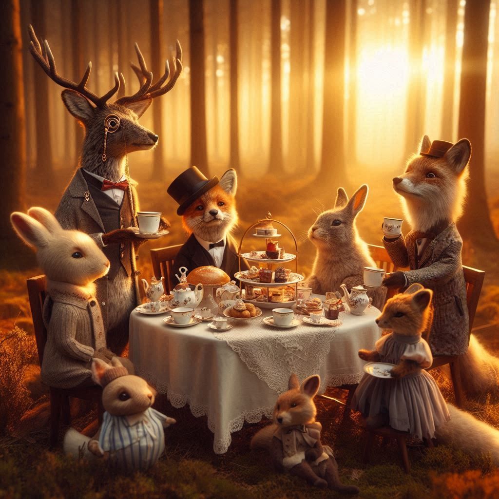 A whimsical scene of a group of animals having a tea party in a forest ...