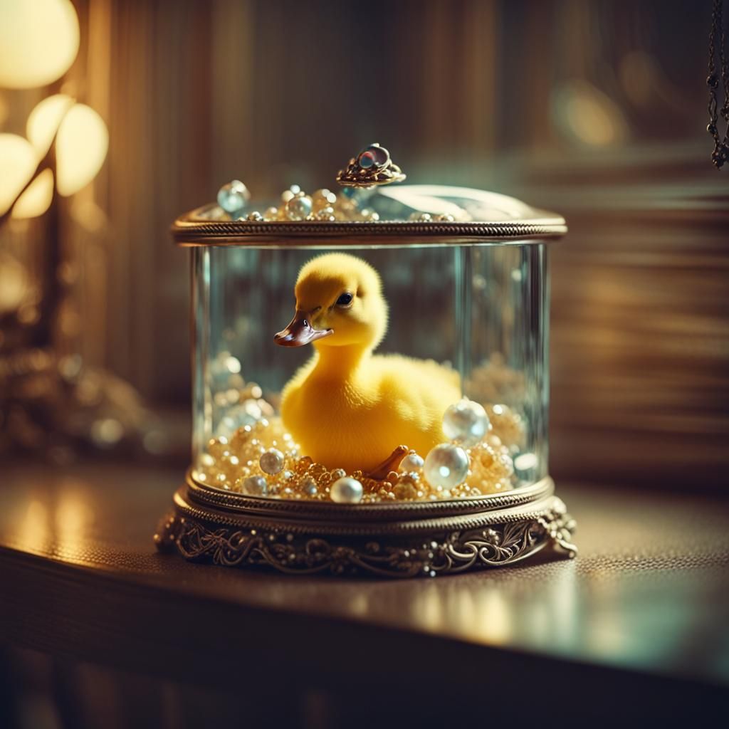 A cute miniature baby duck sitting in a glass jewelry box overflowing ...