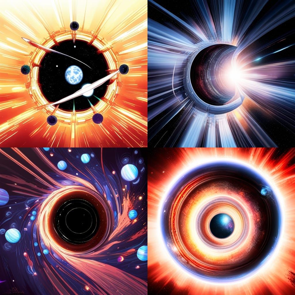 planets from space converging on a blackhole viewed through a portal ...