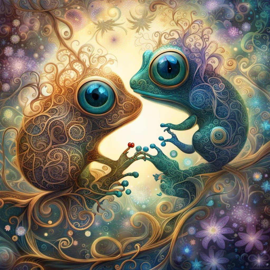 Frog-Newts In Love: Complex monster lovingly kissing beautiful joyful ...