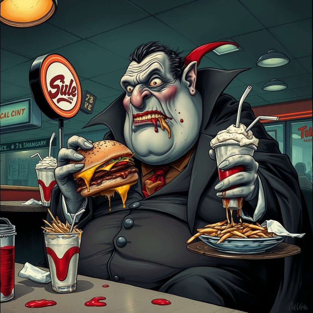 A very fat vampire eating in a fast food with food dropping from his mouth