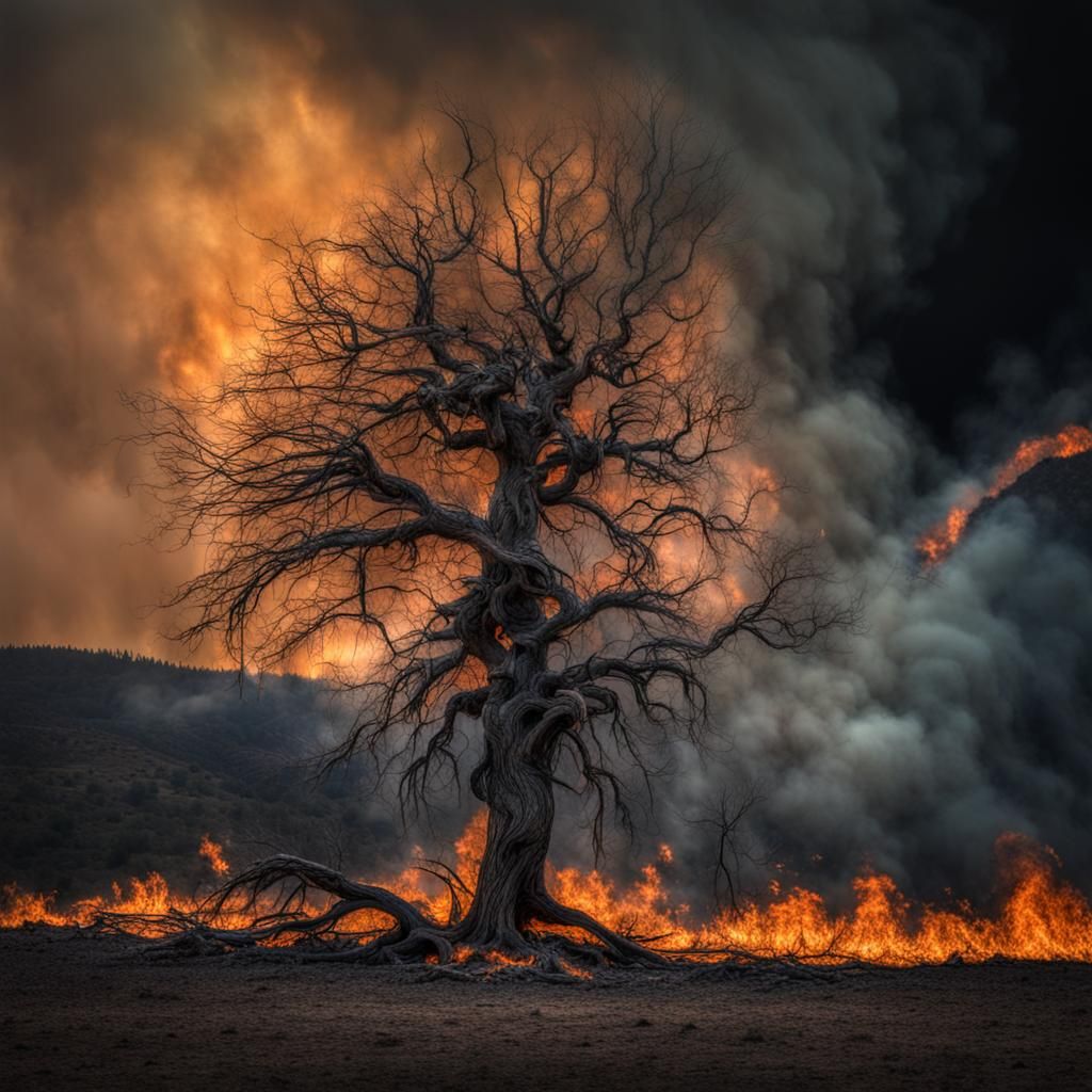 Tree withstanding a wildfire - AI Generated Artwork - NightCafe Creator
