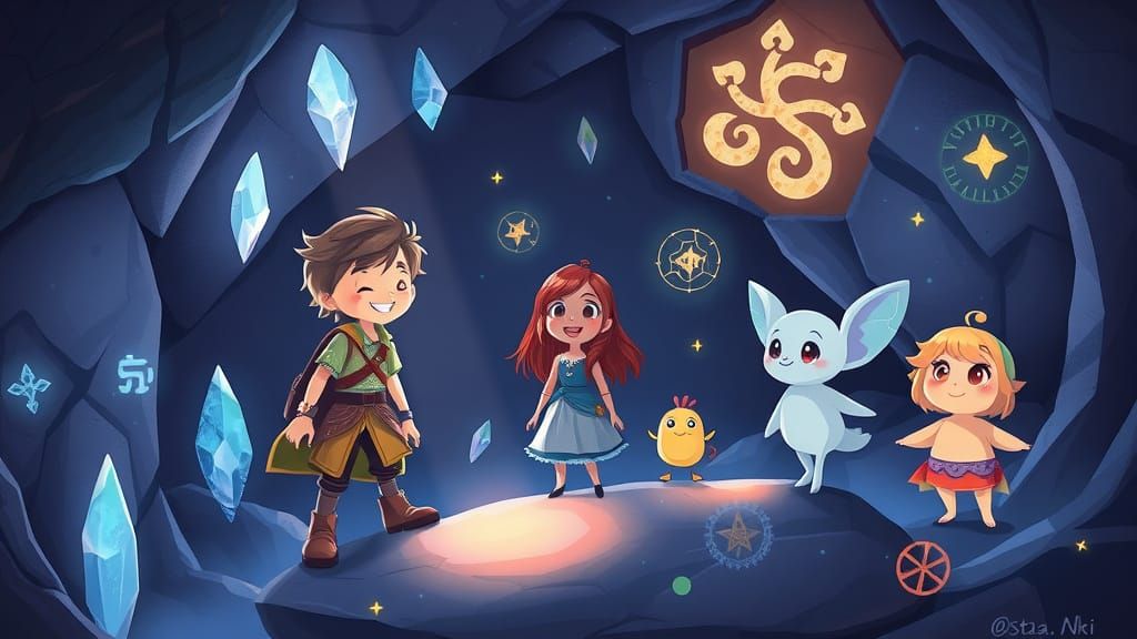 Mystical Cave Exploration in Storybook Style - AI Art