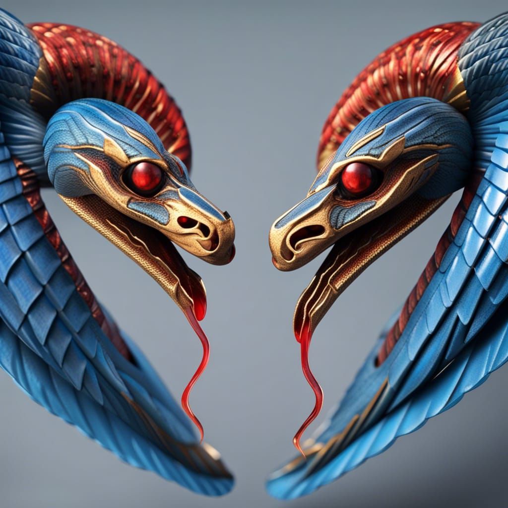 Two winged snakes hissing at each other, one snake glossy blue, one ...