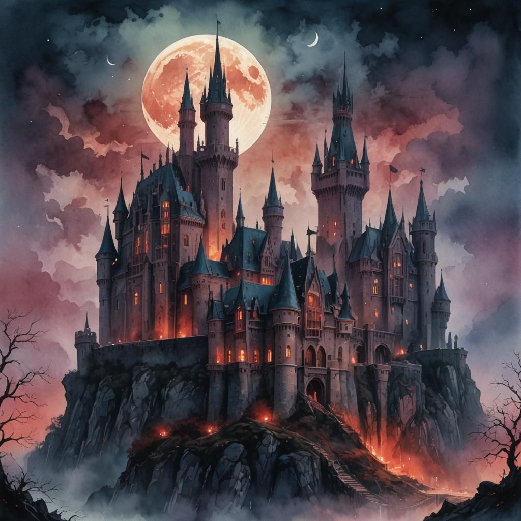 Ethereal Gothic Castle Under Bloodmoon - AI Art