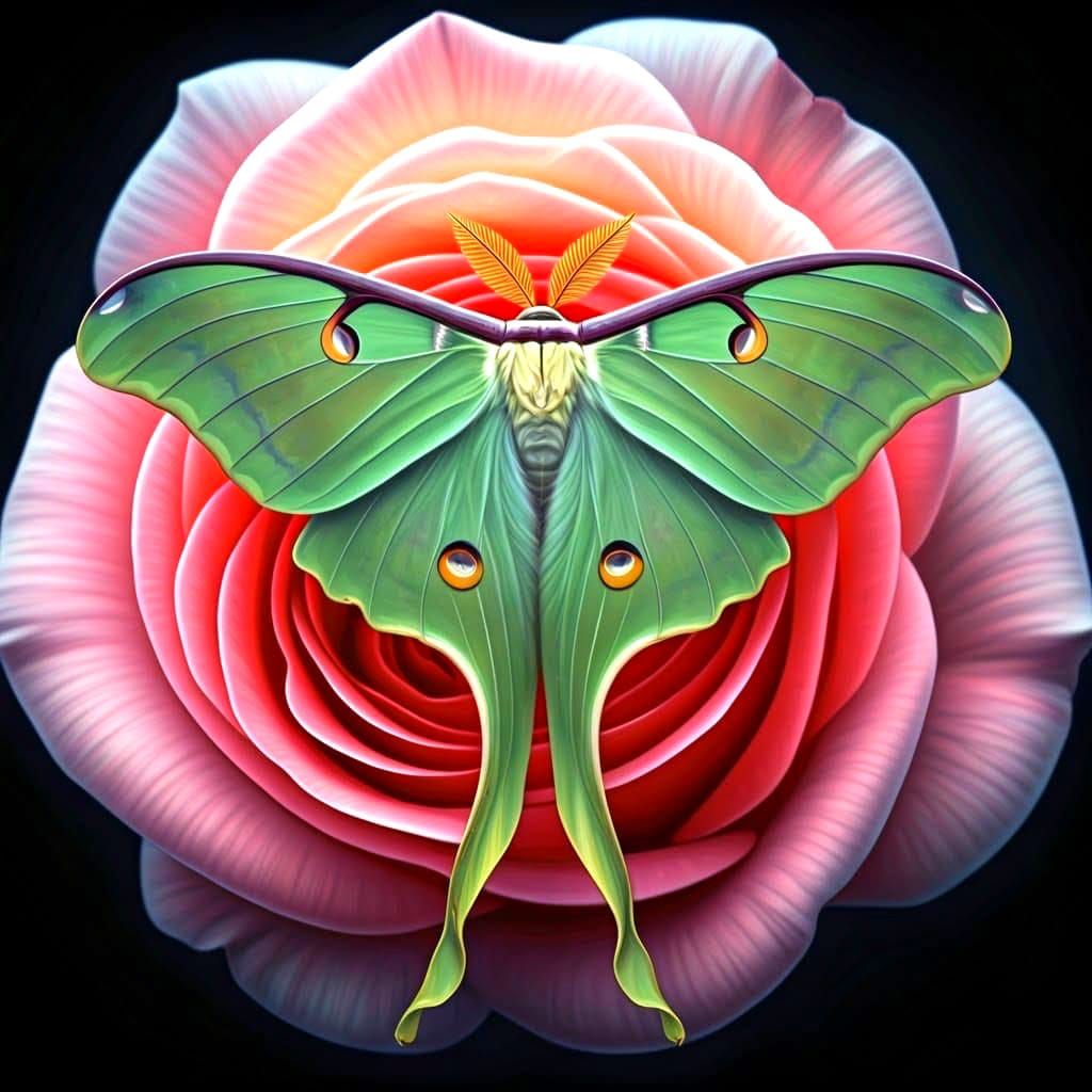 Luna moth & rose - Ethereal Luna Moth Unfurls on Cosmic Rose