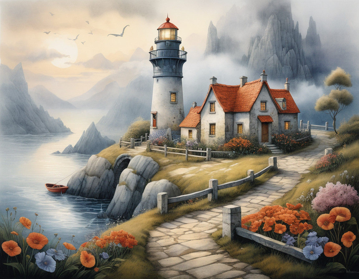 Whimsical Lighthouse Village in Enchanted Mountain... - AI Art