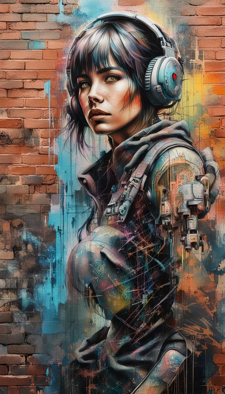 full color painting of cyberpunk(Graffiti art) on a photographic red ...