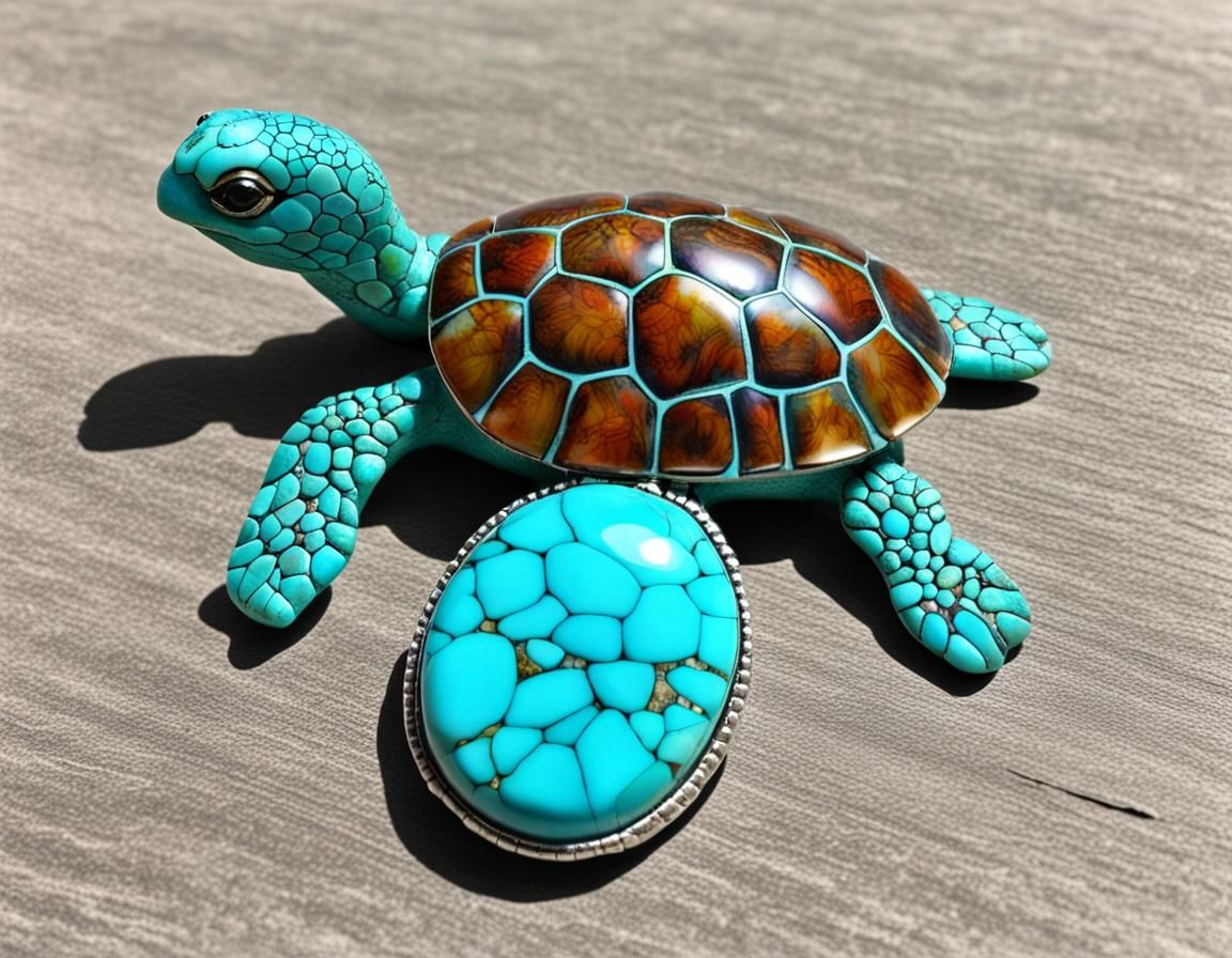 Turquoise turtle resting on a larger cabochon of solid turquoise - AI Generated Artwork ...