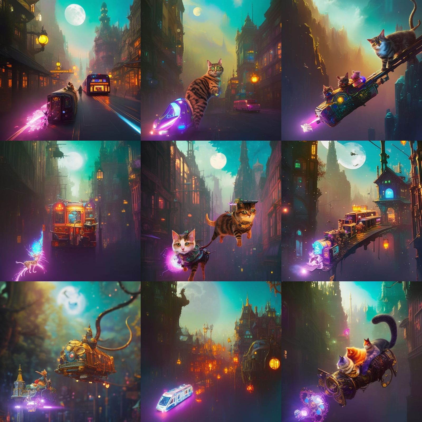 "Fantasy magical cat public transit for cats", intricately detailed ...