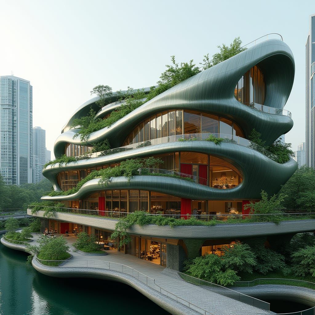 Futuristic Organic Timber Building with Green Faca... - AI Art