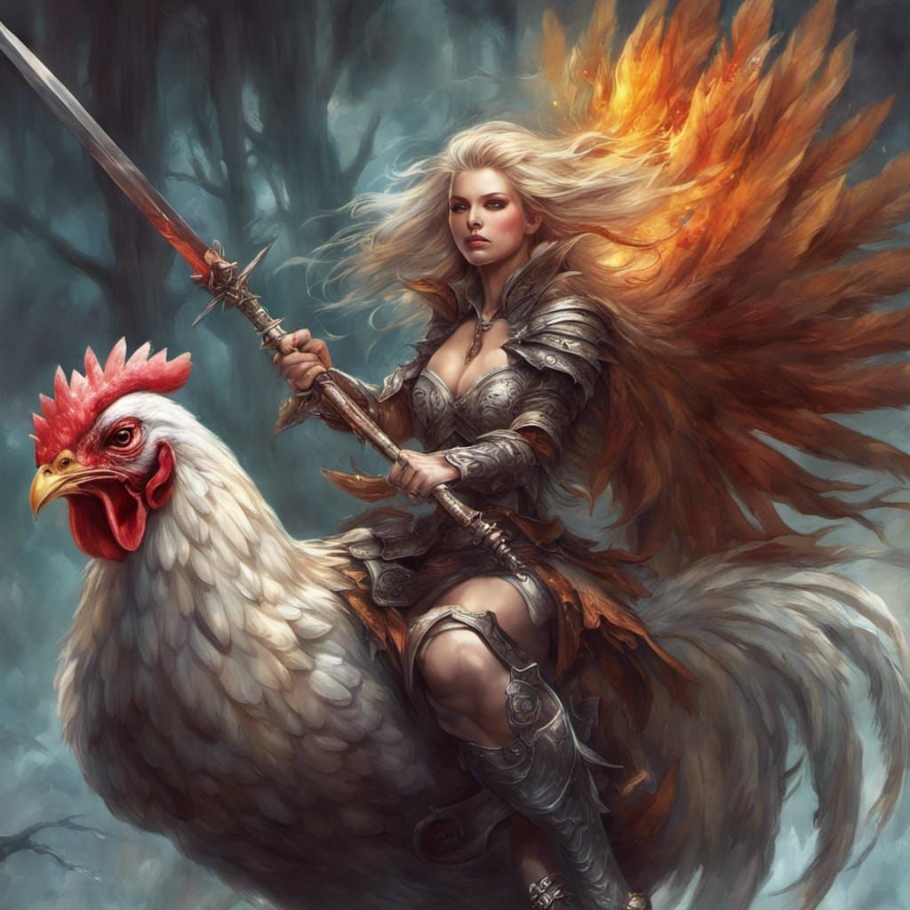 A beautiful screaming princess riding a chicken while holding a sword ...