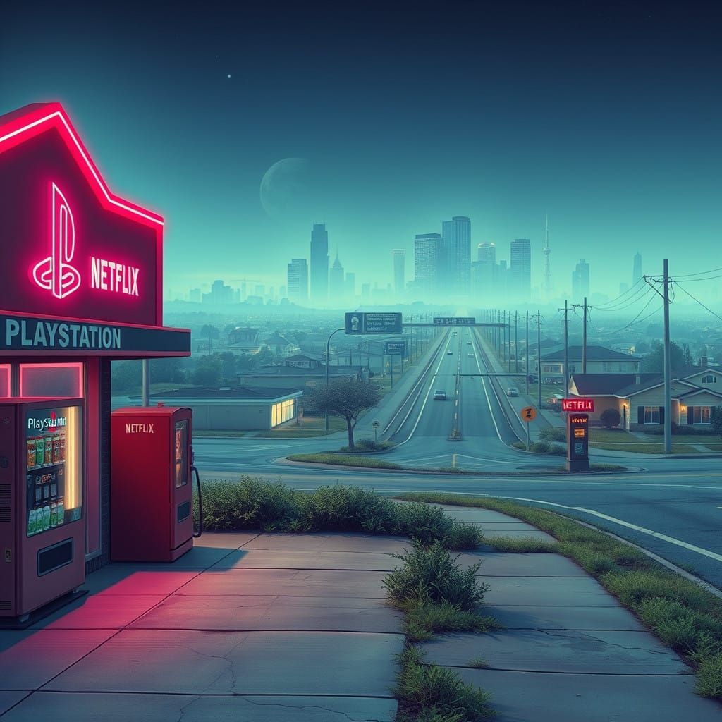 Liminal Town - Dreamlike Nighttime View of a Retro-Futuristi...